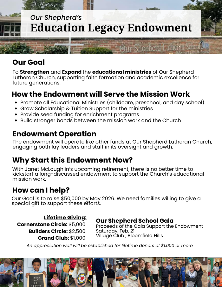 Education Legacy Endowment Fund | Our Shepherd Lutheran Church & School