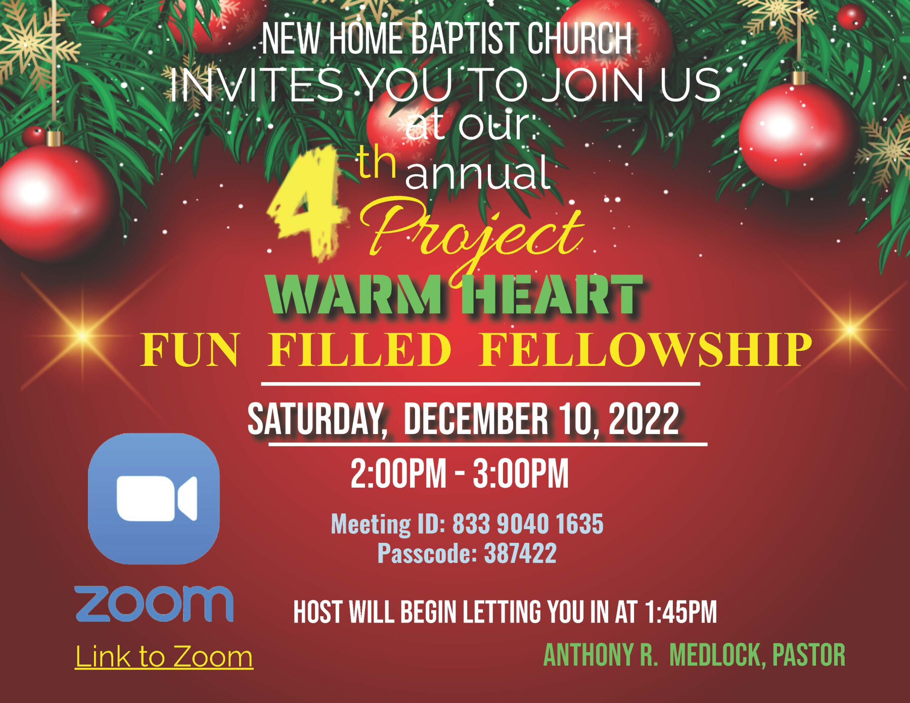 Project Warm Heart Fellowship Zoom | New Home Baptist Church