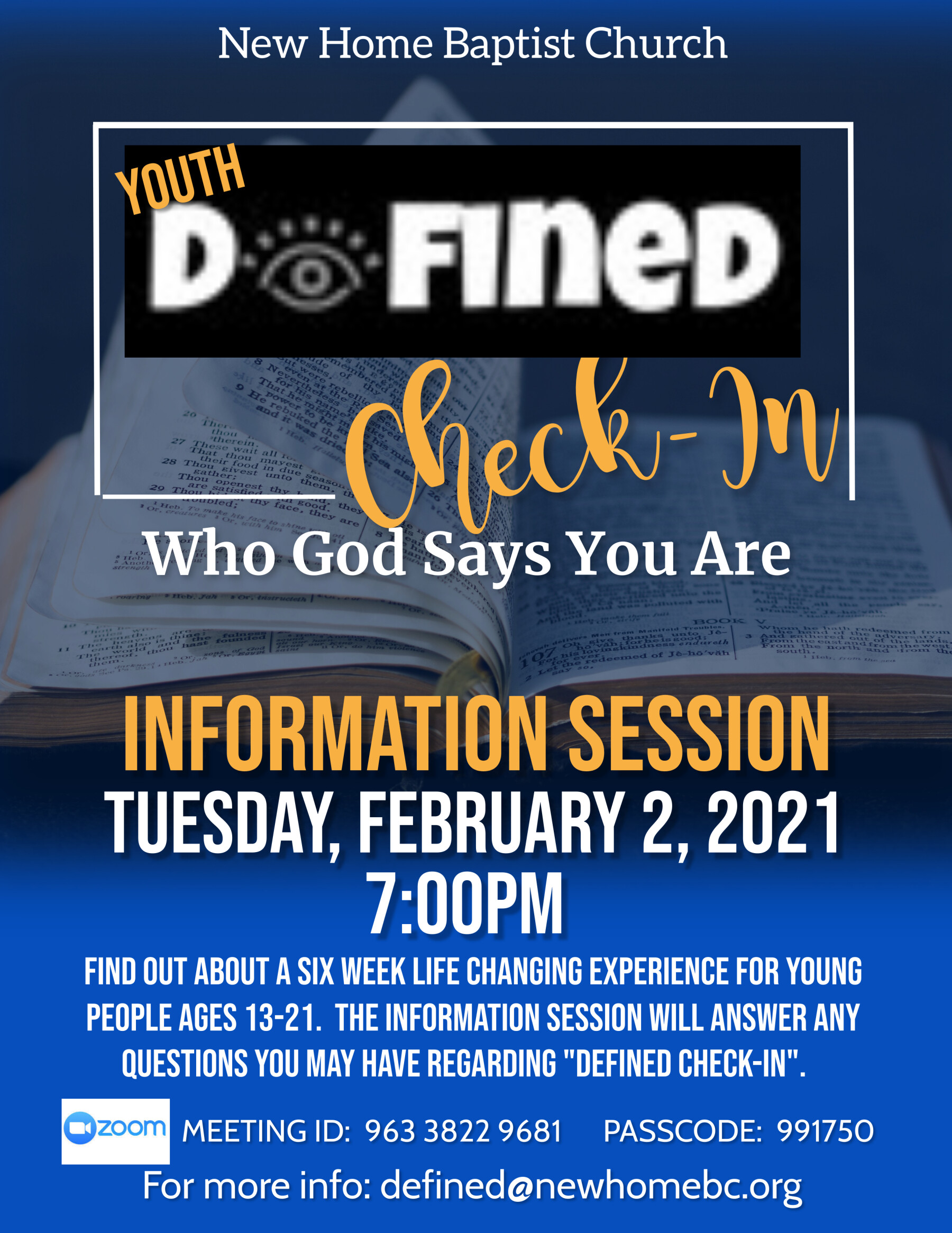 Youth Defined Check-In Information Session | New Home Baptist Church
